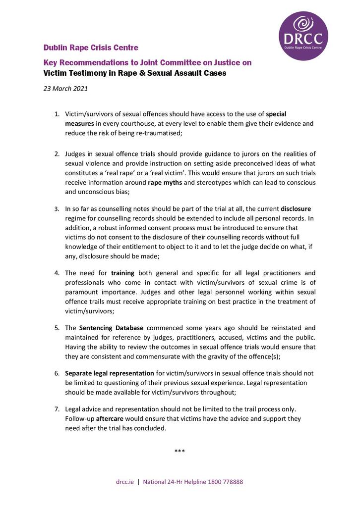DRCC Key Recommendations on victim testimony Mar 2021 | Dublin Rape ...